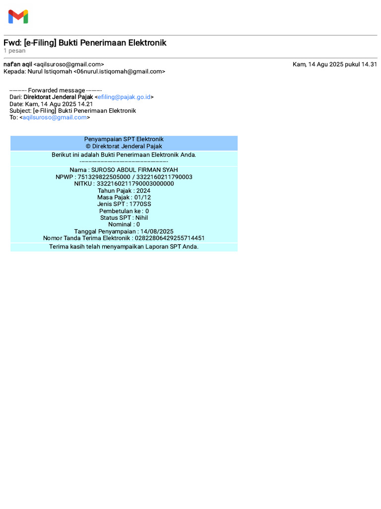 Gmail - FWD - (E-Filing) Bukti Penerimaan Elektronik | PDF