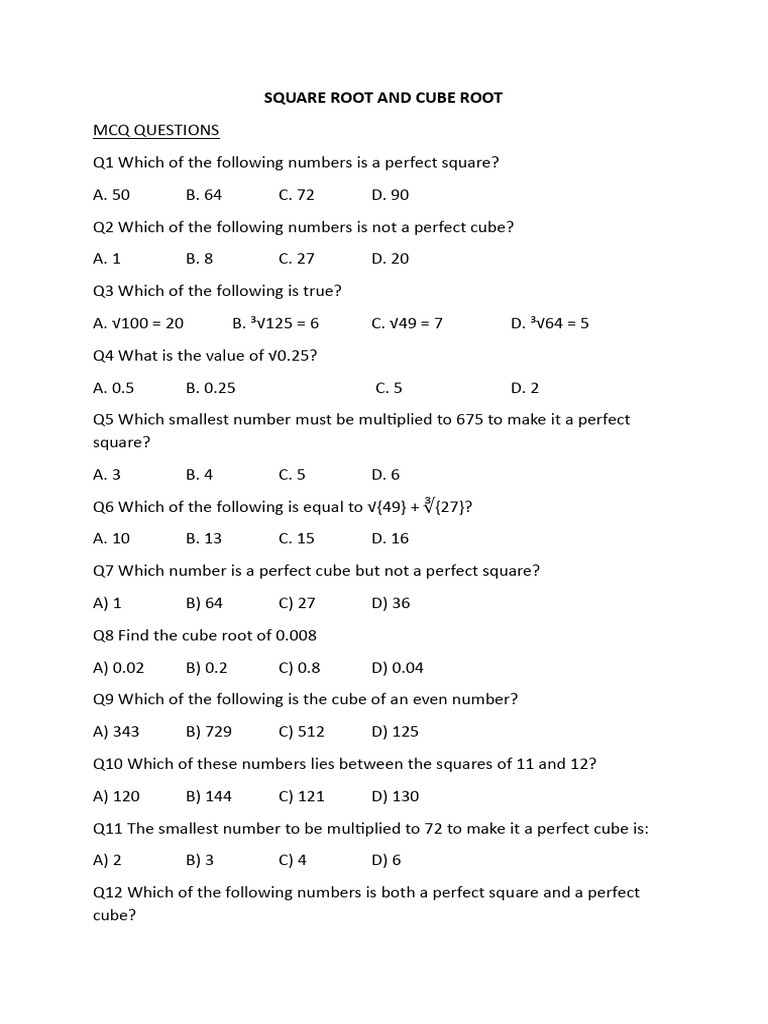 Worksheetsquare and Cube Root | PDF | Wall | Area