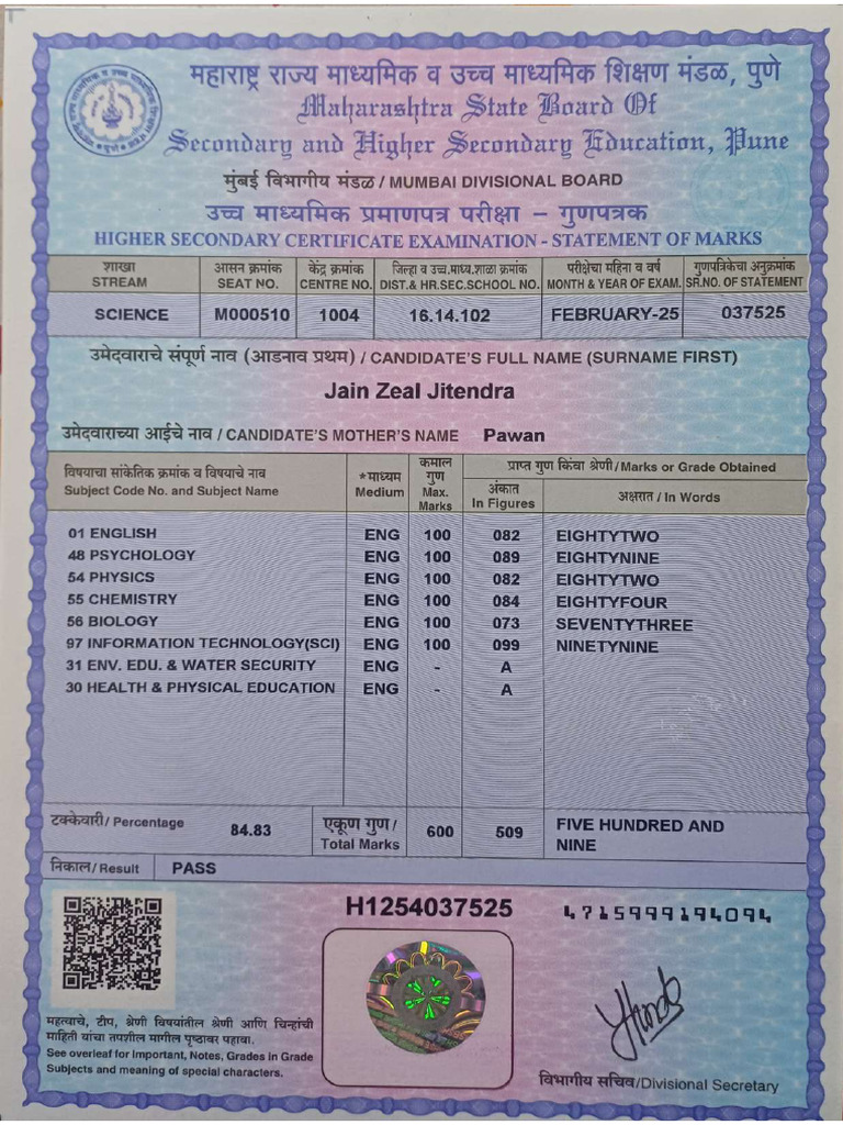 HSC Examination Marksheet Zeal Jain | PDF