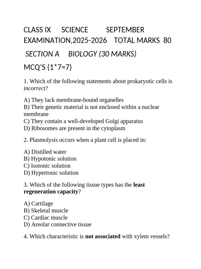 Class IX Science Biology Exam 2025-2026 | PDF | Tissue (Biology) | Cell ...