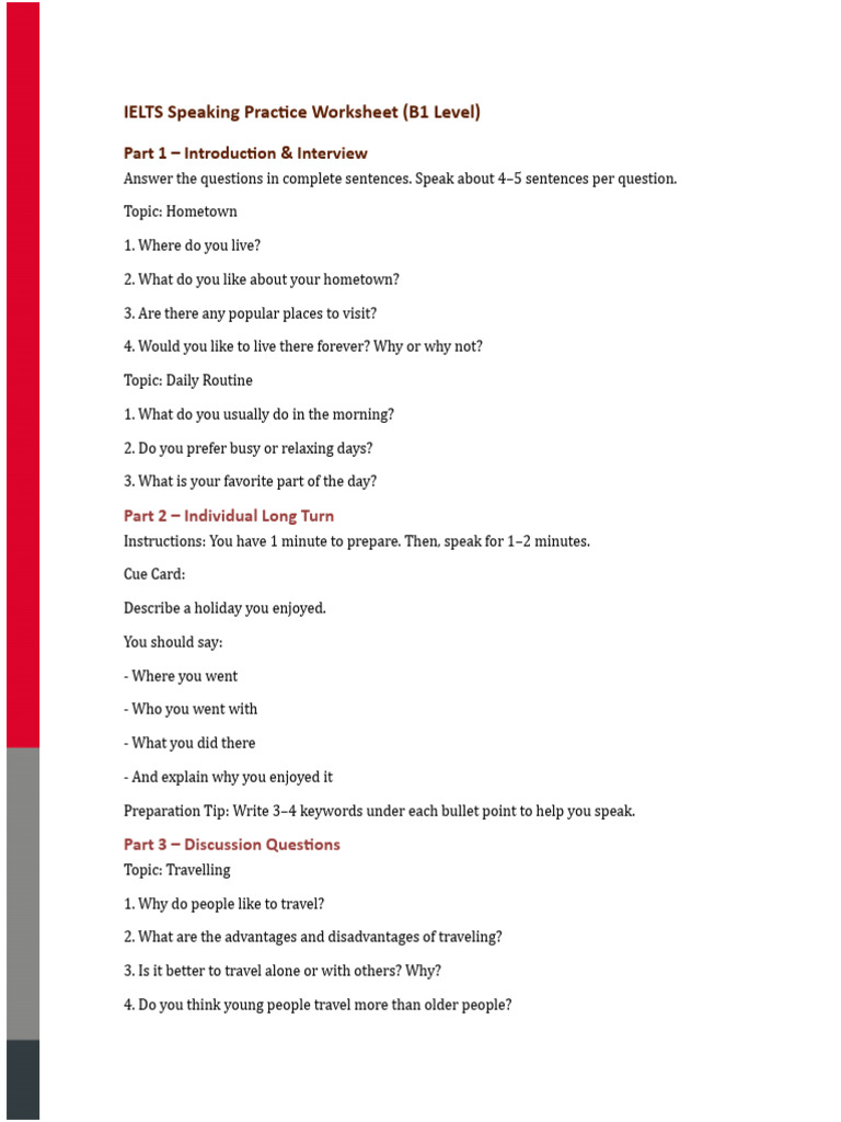 B1 IELTS Speaking Worksheet | PDF