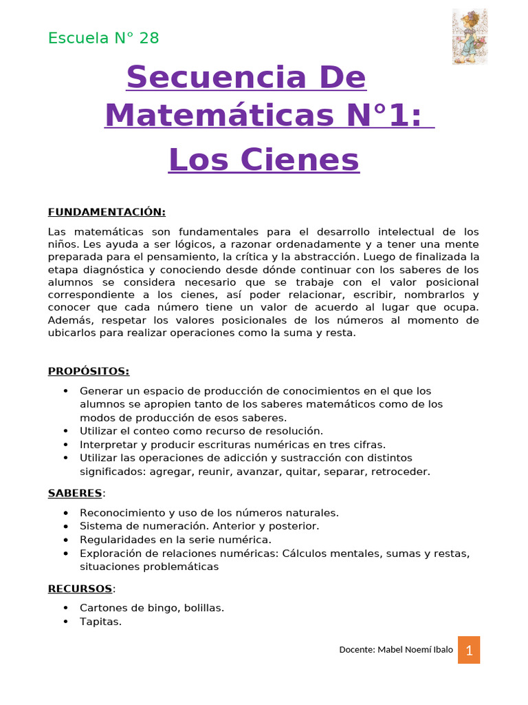 Secuencia de Matemáticas N°1 Los Cienes. | PDF | Sustracción | Matemáticas