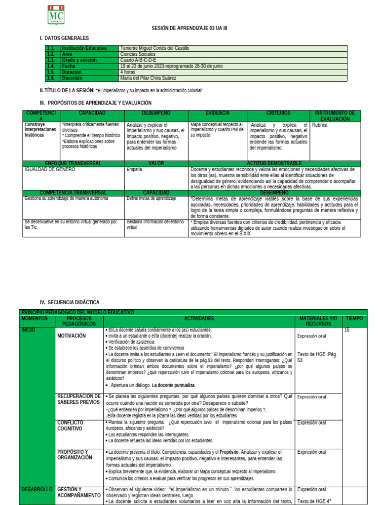 Sesión de Aprendizaje #3 UA III 4to. Editado | PDF | Aprendizaje ...