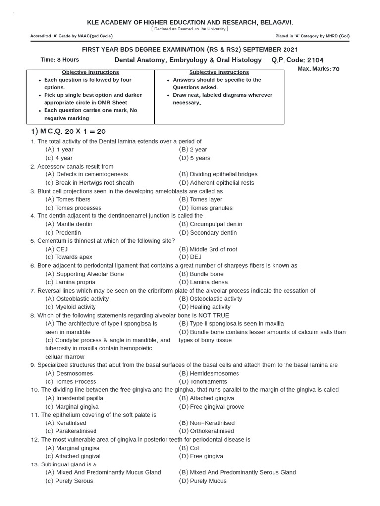 BDS Degree Examination 1st, 2nd, 3rd & 4th Year Sept 2021 | PDF | Human Tooth | Medical Specialties