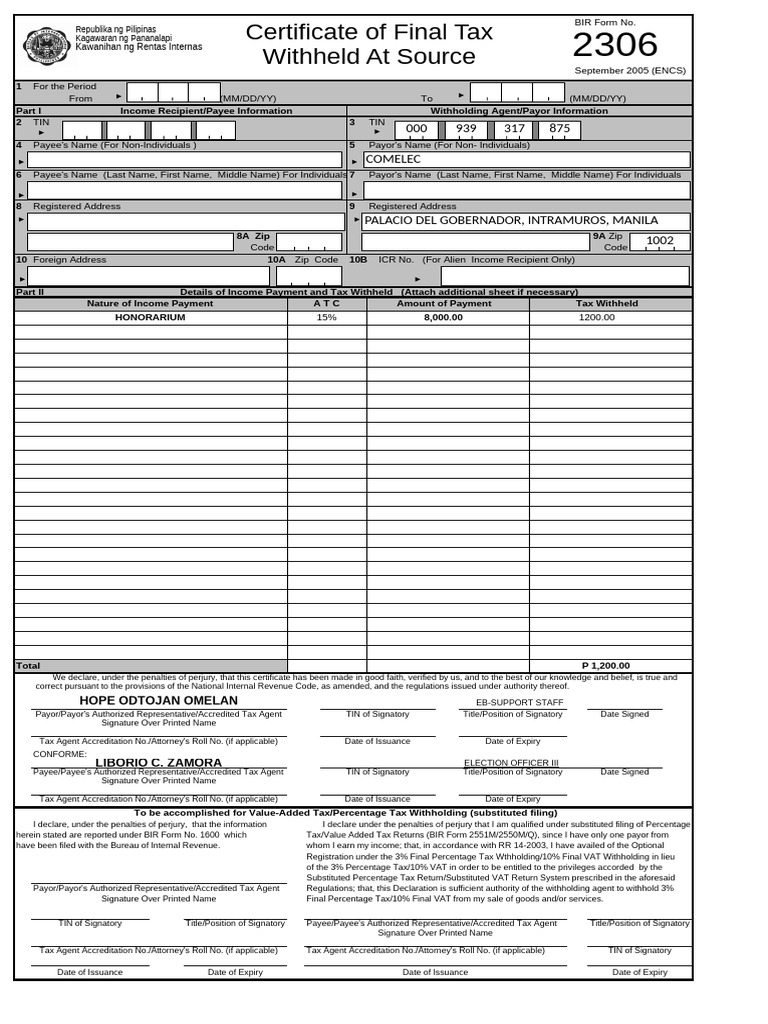 BIR Form 2306: Certificate of Final Tax | PDF | Taxes | Value Added Tax