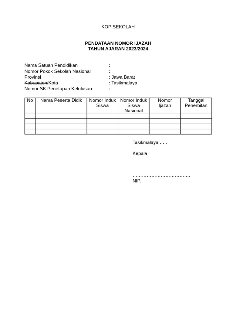 Format Pendataan Nomor Ijazah 2024 | PDF