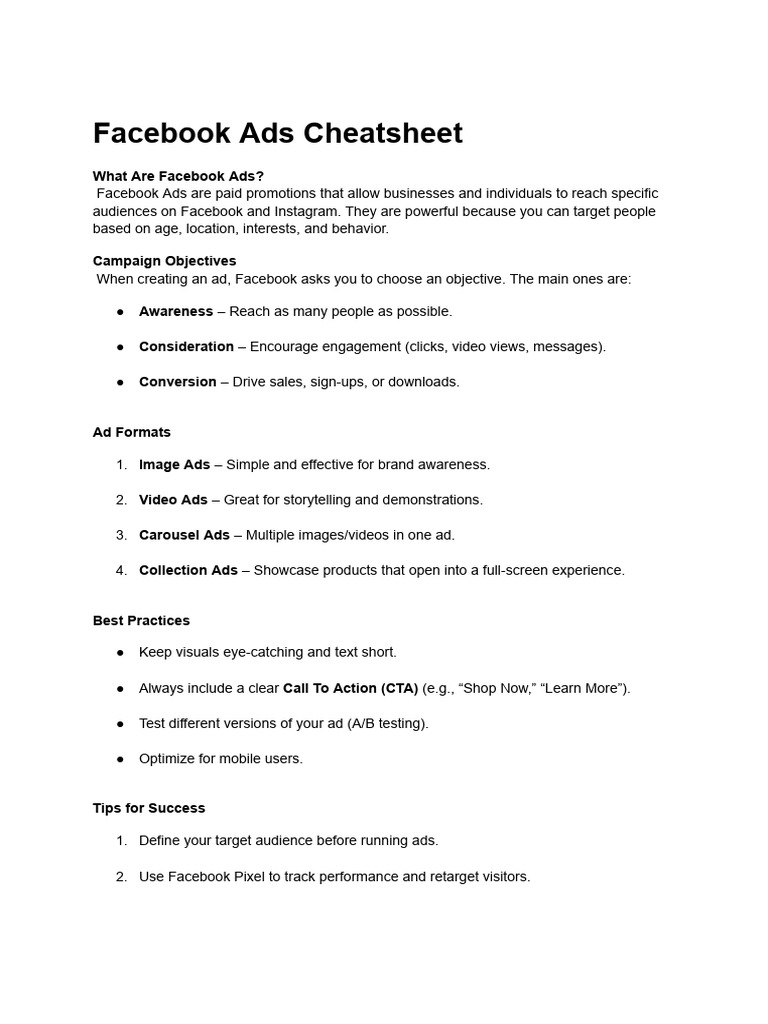 Facebook Ads Cheat Sheet Guide | PDF