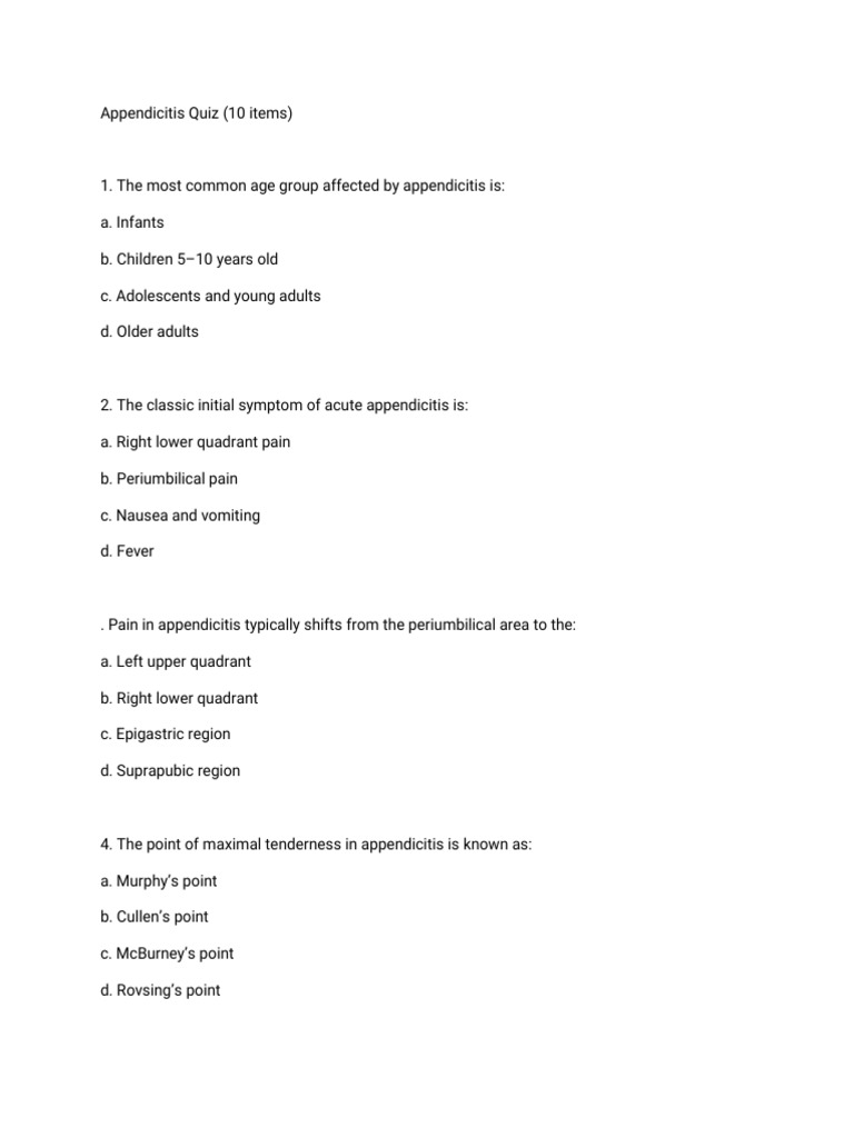 Appendicitis Quiz: Test Your Knowledge | PDF