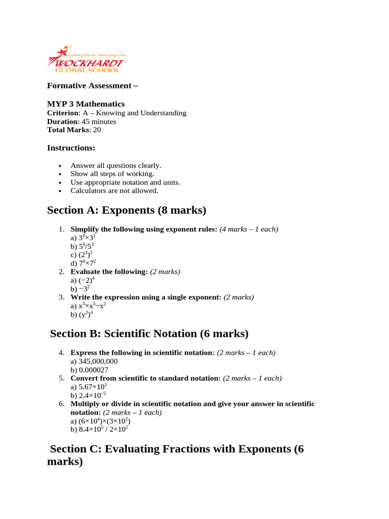 Formative 1 Assessment MYP 3 EXPONENTS | PDF