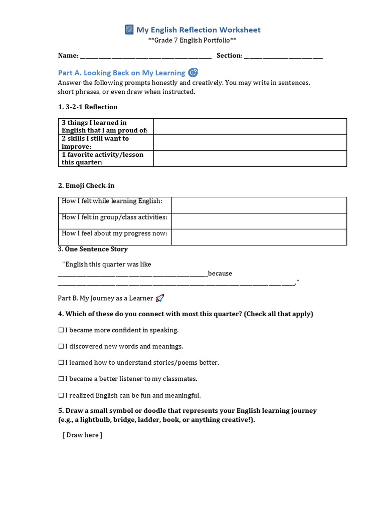 Grade 7 English Reflection Worksheet | PDF | English Language | Learning