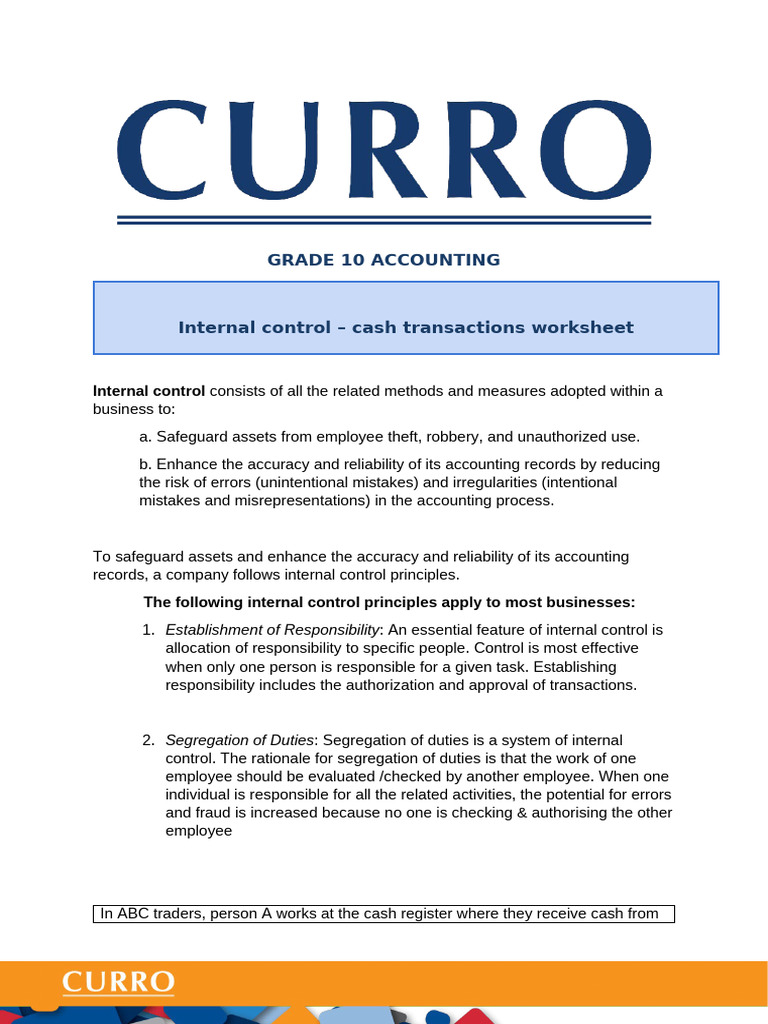 GRADE 10 ACCOUNTING - Internal Control Worksheet | PDF | Internal ...