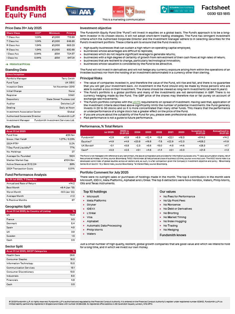 Fundsmith Factsheet | PDF | Investment Fund | Investing