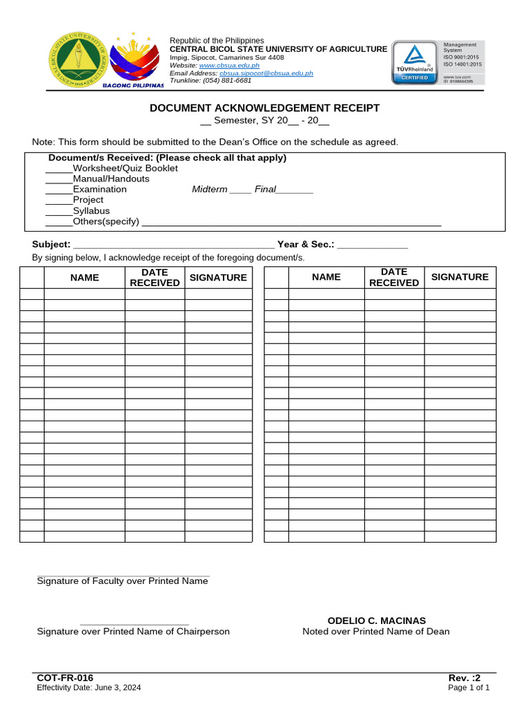 Cot FR 016 Document Acknowledgement Receipt | PDF