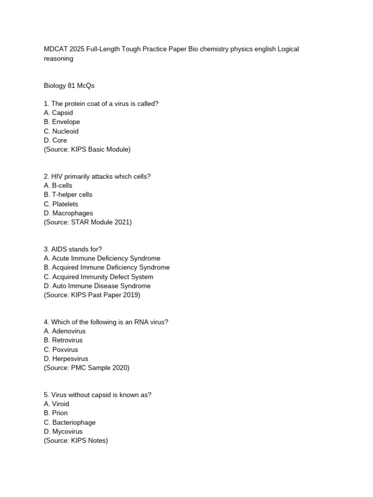 MDCAT 2025 Full-Length Tough Practice Paper Bio Chemistry Physics ...
