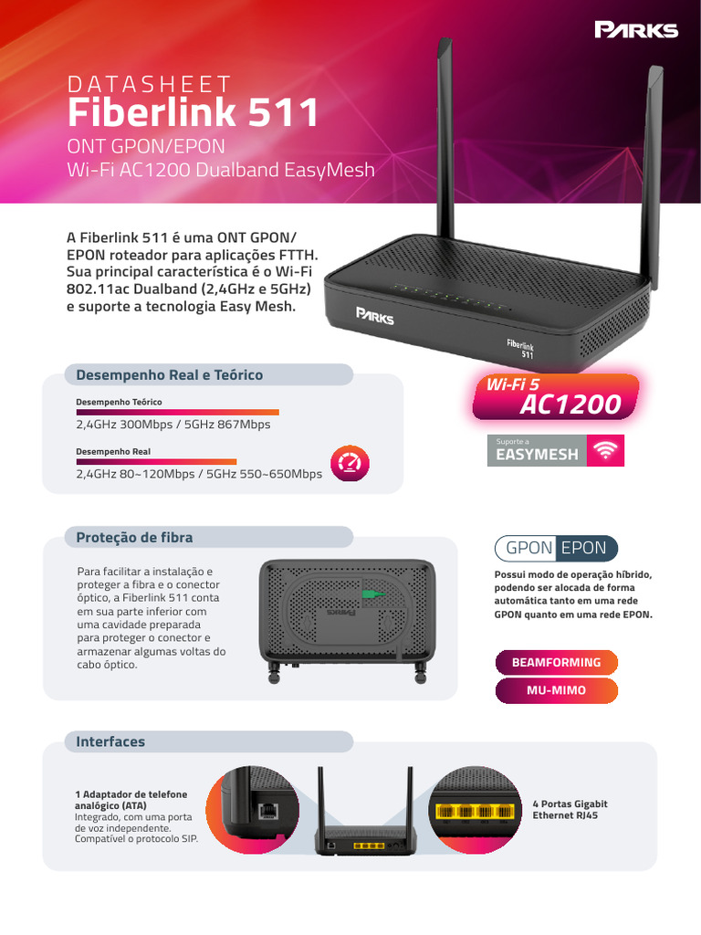 ONT Fiberlink 511: Roteador GPON/EPON | PDF | Wi-Fi | Rede de computadores