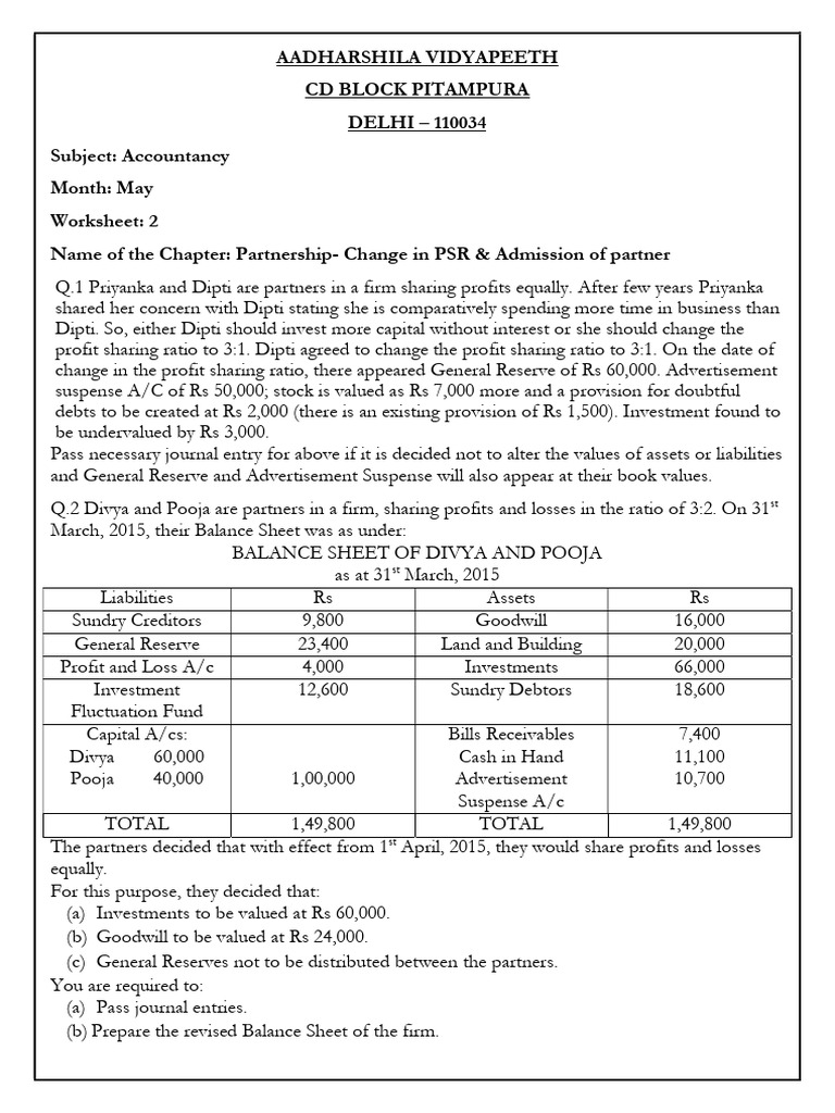 PDF Class Xii Accountancy Worksheet 2 | PDF | Balance Sheet | Investing