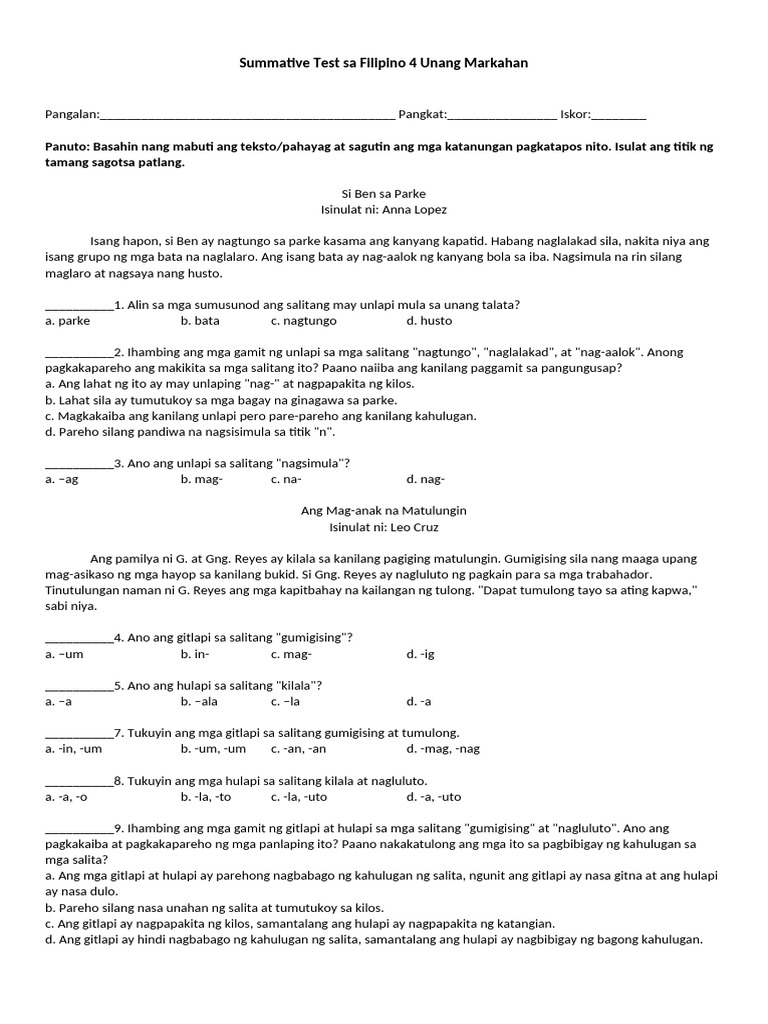 Summative Test Sa Filipino 4 Unang Markahan | PDF