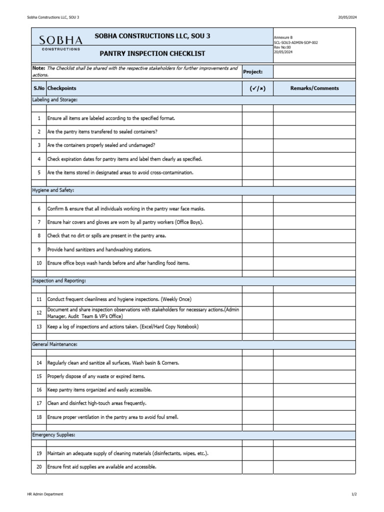 Annexure B - Pantry Inspection Checklist | PDF | Hygiene | Hand Washing