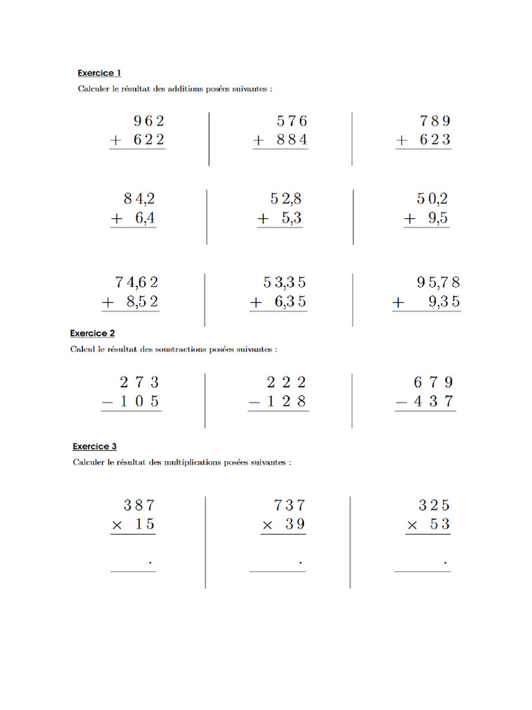 Calcul Posé Cm1 Révision | PDF