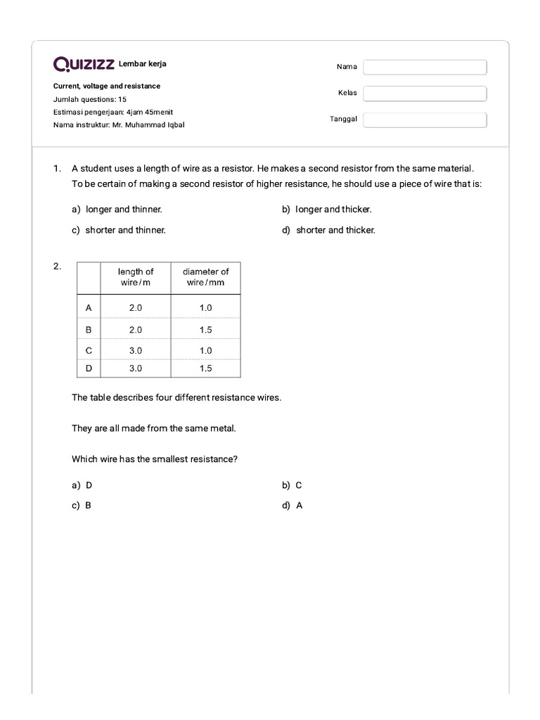 Current, Voltage, and Resistance Quiz | PDF | Electric Current | Resistor