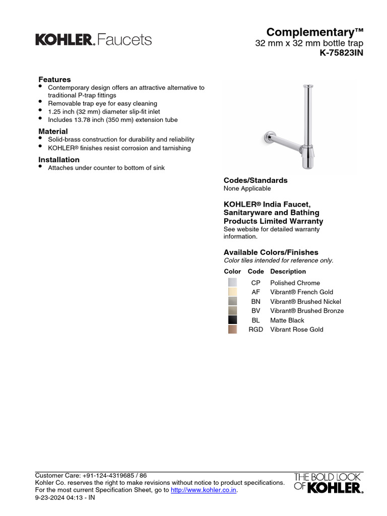 K-75823IN Spec in Kohler En | PDF | Metals | Materials
