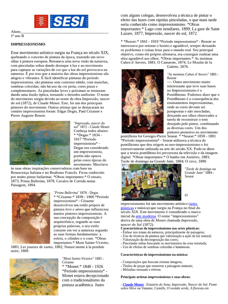 Impressionismo-Exercicios 1º ano | PDF | Impressionismo | Claude Monet