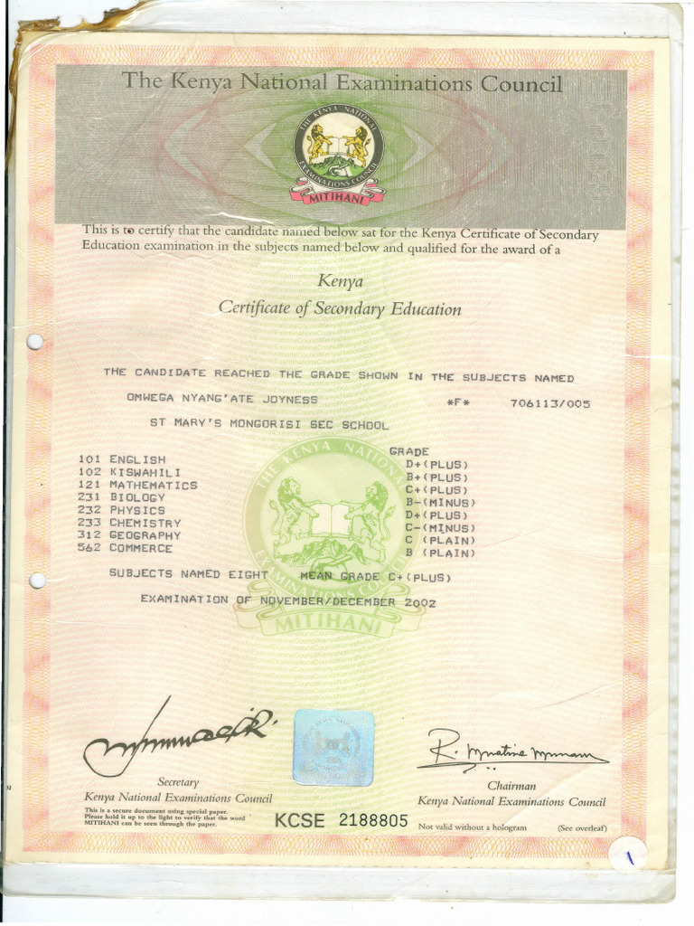 KCSE Certificate Overview 2002 | PDF