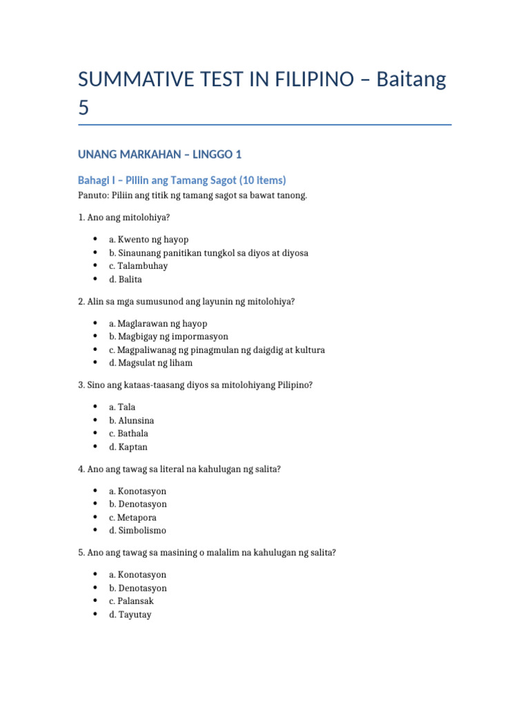 Summ - Test (Filipino) 5 q1 w1 | PDF