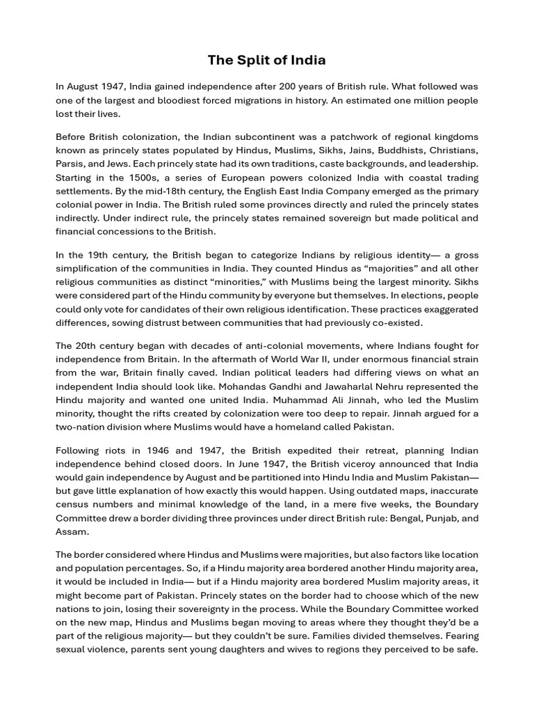 India-Pakistan Partition Overview | PDF | Partition Of India | World War I