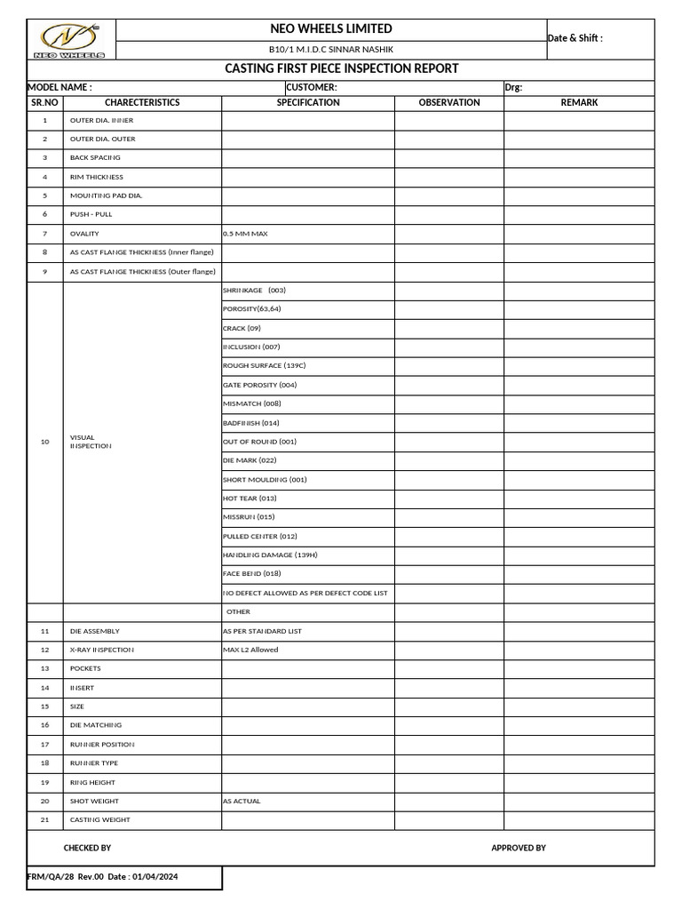 Casting First Piece Inspection PRINT 28 | PDF | Mechanical Engineering ...