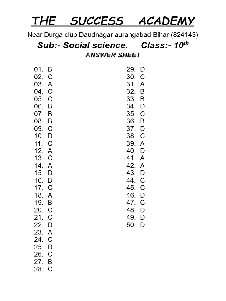 10th Grade Social Science Answer Sheet | PDF