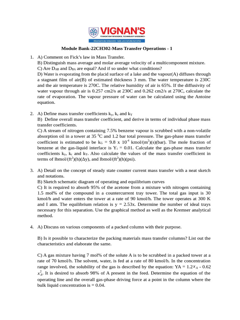 Mass Transfer Operations: Key Concepts & Calculations | PDF | Mass ...