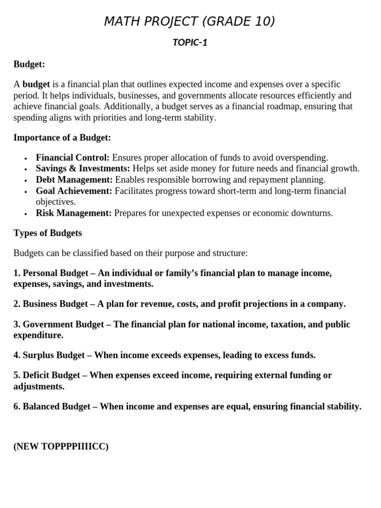 Math Project (Grade 10) | PDF | Budget | Expense