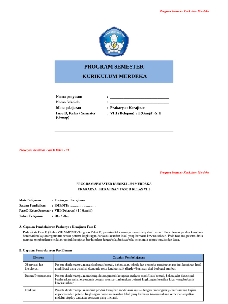 Program Semester Prakarya Kelas 8 | PDF