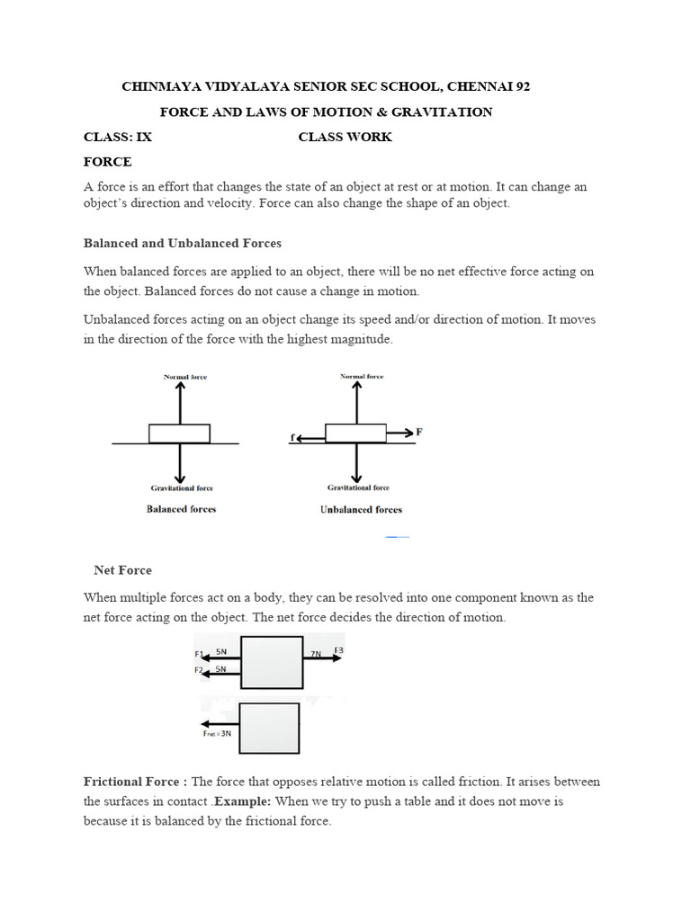 Force and Law of Motion Class Work | PDF | Force | Inertia