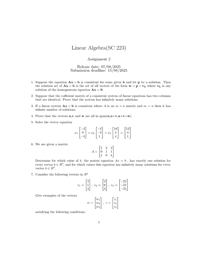 Linear Algebra Assignment2 | PDF | System Of Linear Equations ...