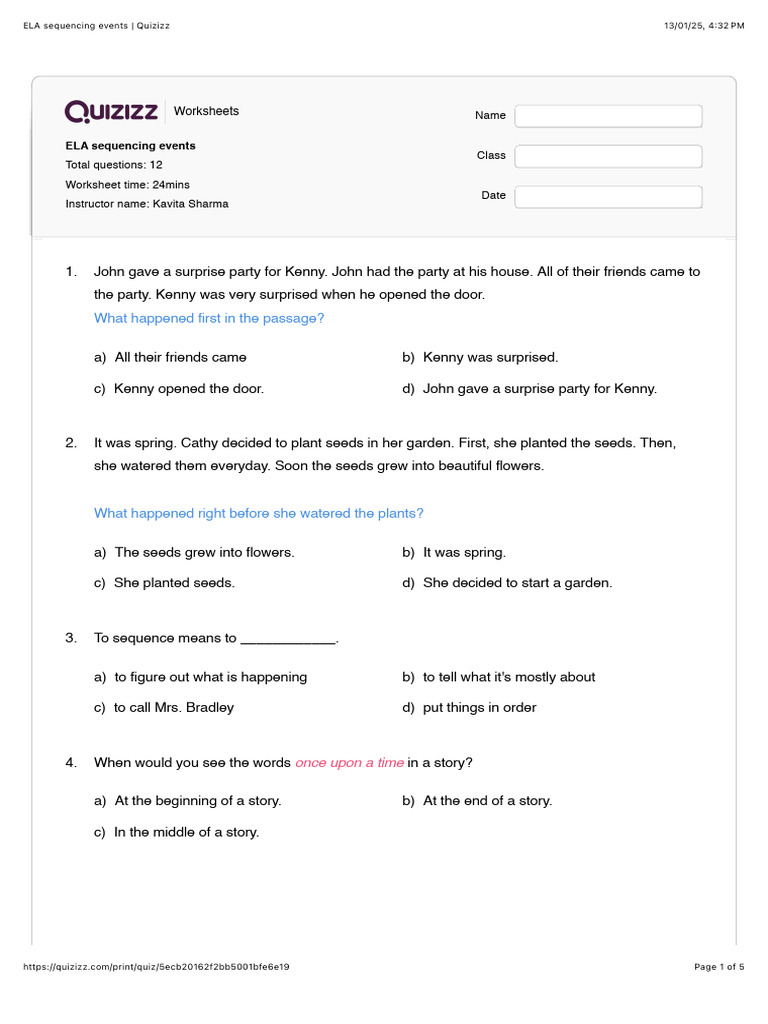 ELA Sequencing Events - Quizizz | PDF