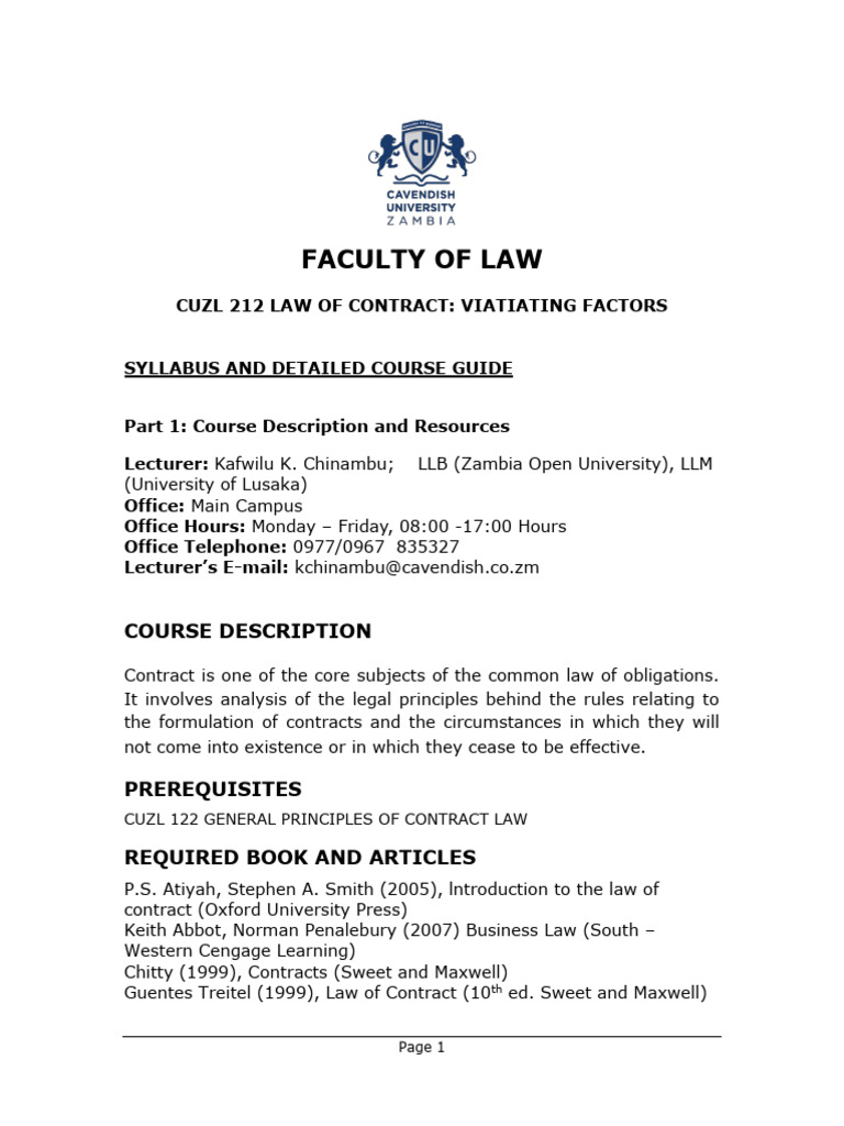 CUZL212 Law of Contract Vitiating Factors | PDF | Misrepresentation ...