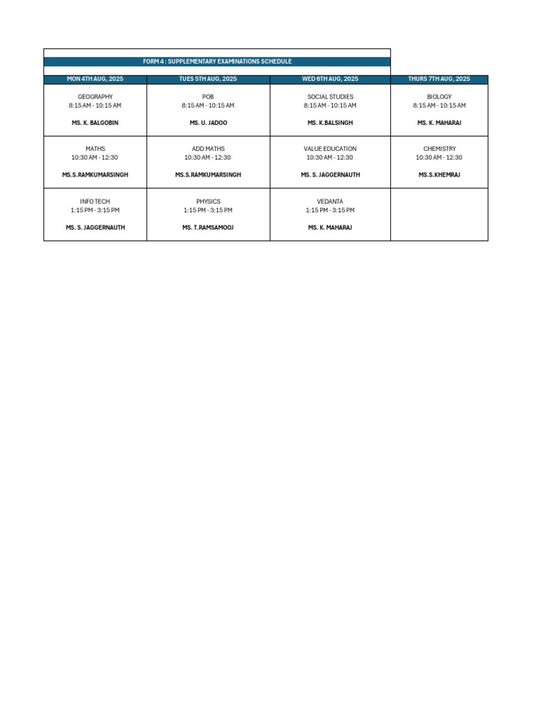 Form 4 Supplementary Exam Schedule 2025 | PDF