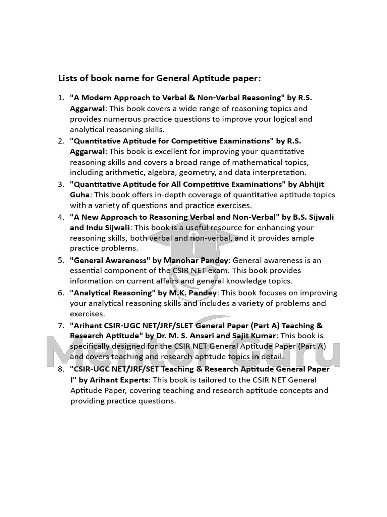 List of Books For General Aptitude Paper | PDF