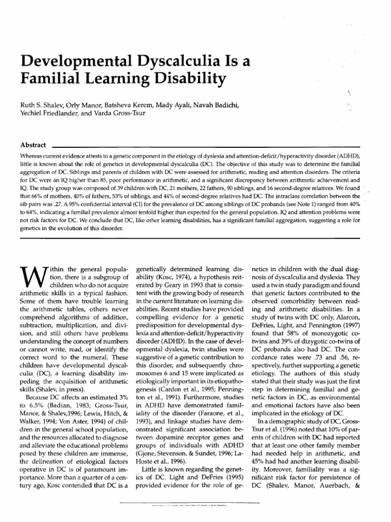 Shalev Et Al 2001 Developmental Dyscalculia Is A Familial Learning Disability | PDF | Learning ...