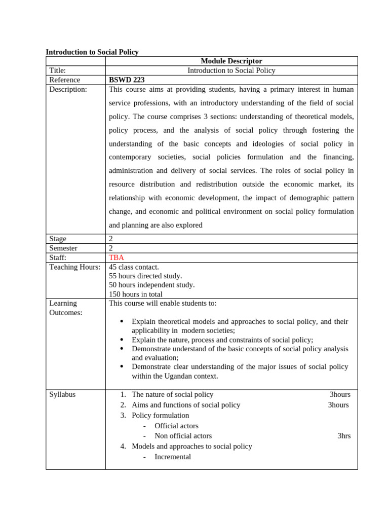 Intro to Social Policy Syllabus | PDF | Policy | Policy Analysis