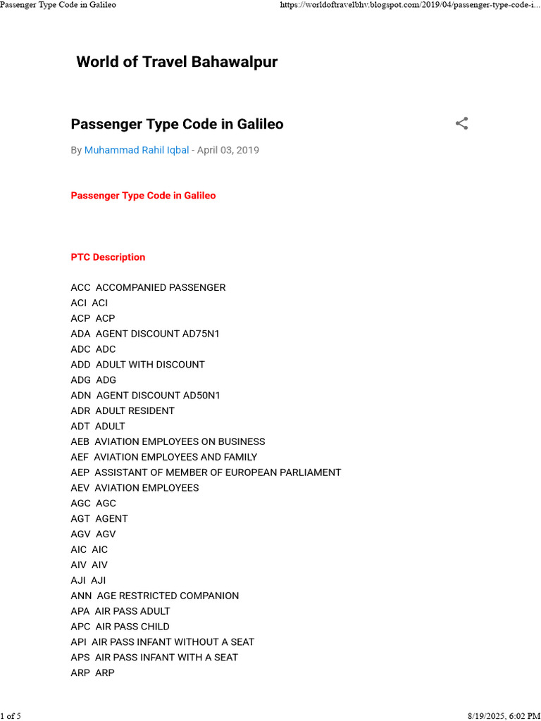 Passenger Type Code in Galileo | PDF
