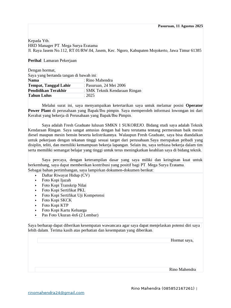 Surat Lamaran Kerja Fresh Graduate SMK | PDF