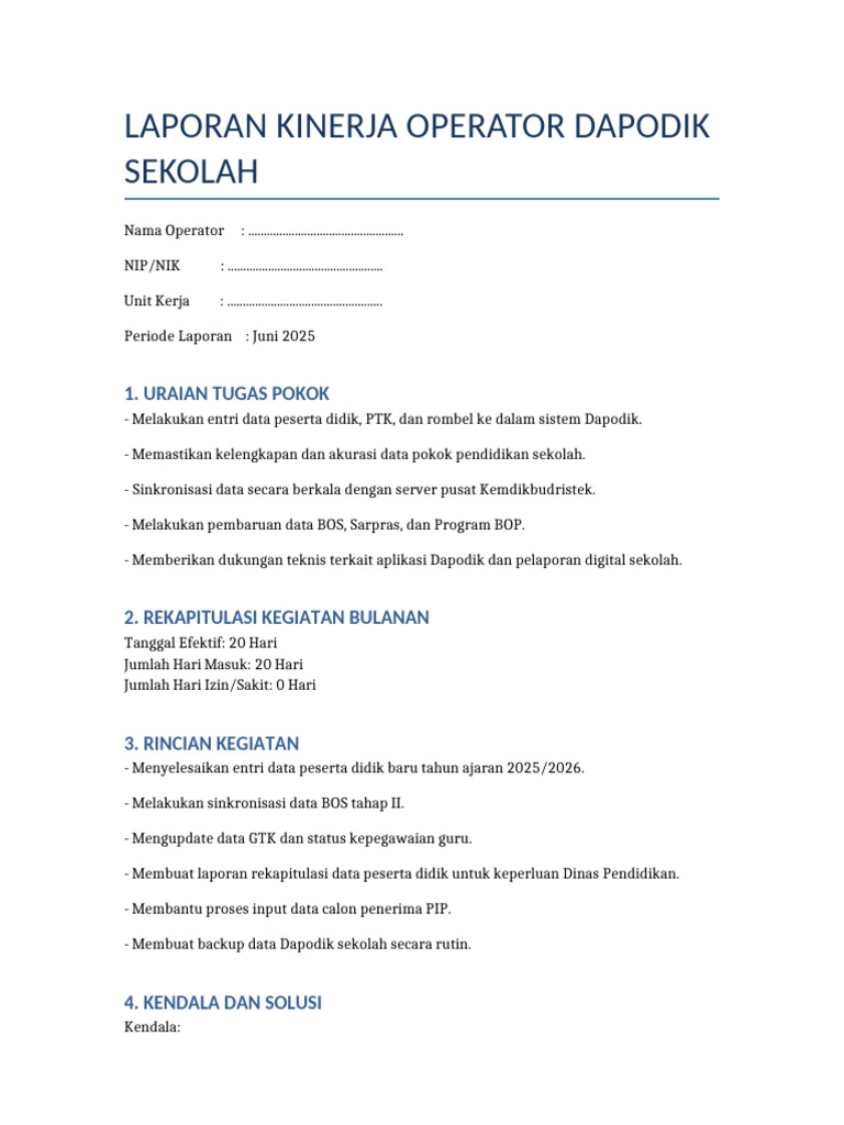 Laporan Kinerja Operator Dapodik 2025 | PDF
