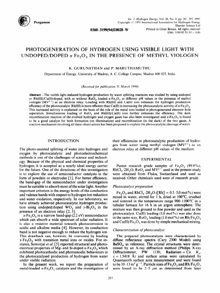 Photogeneration of Hydrogen Using Visible Light WJTH | PDF | Ph | Hydrogen