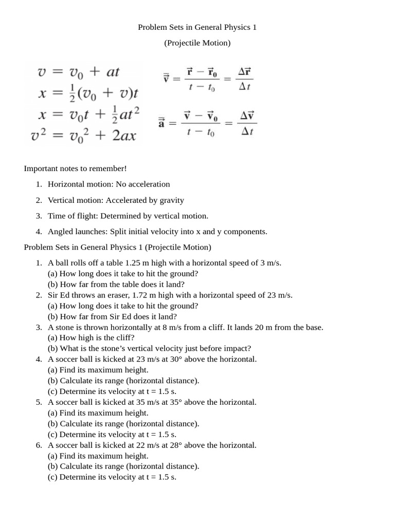 (Projectile Motion) Problem Sets in General Physics 1 | PDF | Projectiles | Motion (Physics)