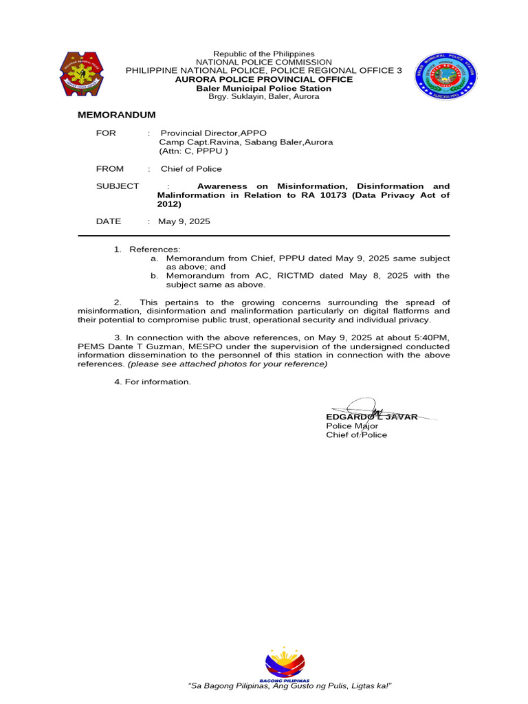 Memorandum: Aurora Police Provincial Office Baler Municipal Police ...