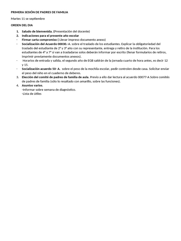 Orden Del Día para Sesión de Padres de Familia | PDF