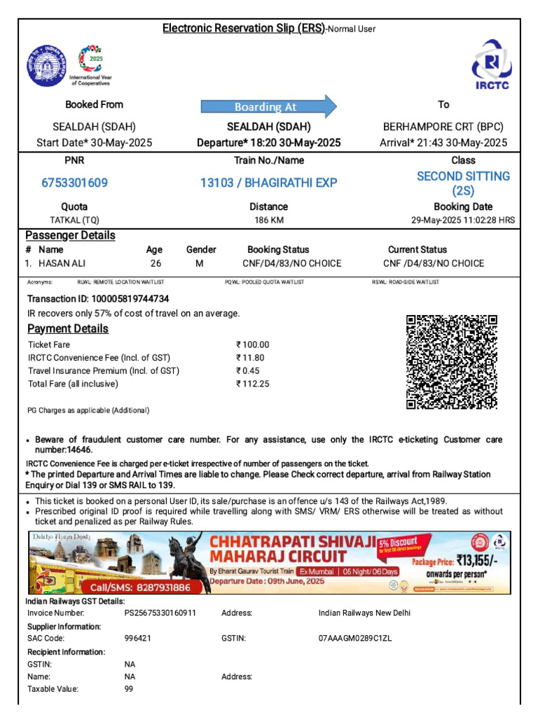 Bhagirathi Exp Second Sitting (2S) : Electronic Reservation Slip (ERS) | PDF | Identity Document ...